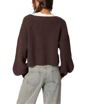 EDIKTED Chunky Knit Cropped Cardigan - Brown