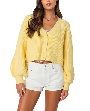 EDIKTED Chunky Knit Cropped Cardigan - Yellow