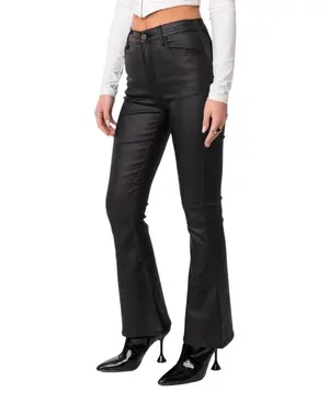 EDIKTED Petite Luna Faux Leather Flare Jeans