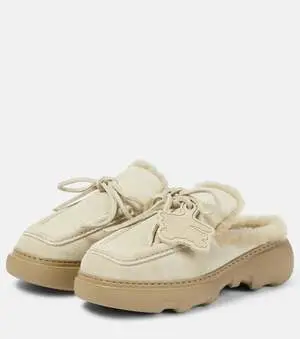 Burberry Ekd Shearling-lined Suede Mules - Neutrals