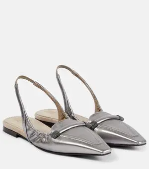 Brunello Cucinelli Metallic Leather Slingback Flats - Silver