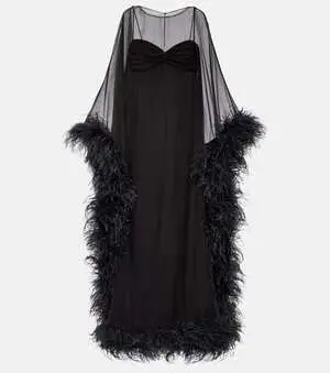 Valentino Garavani Caped Feather-trimmed Silk Gown