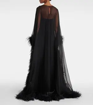 Valentino Garavani Caped Feather-trimmed Silk Gown