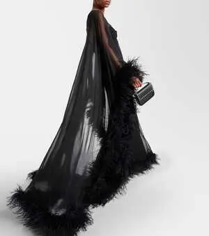 Valentino Garavani Caped Feather-trimmed Silk Gown