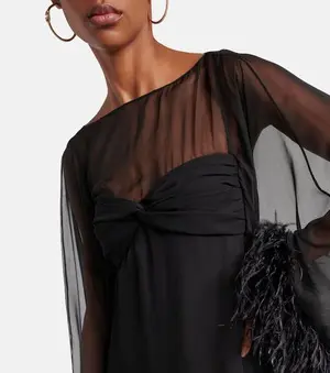 Valentino Garavani Caped Feather-trimmed Silk Gown