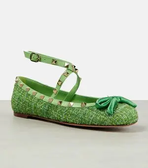 Valentino Garavani Rockstud Tweed Lamé Ballet Flats - Green