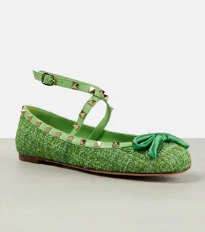 Valentino Garavani Rockstud Tweed Lamé Ballet Flats - Green