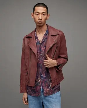 Allsaints Burman Slim Cropped Leather Biker Jacket - Rust