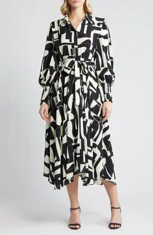 ZOE AND CLAIRE Abstract Print Long Sleeve Midi Dress