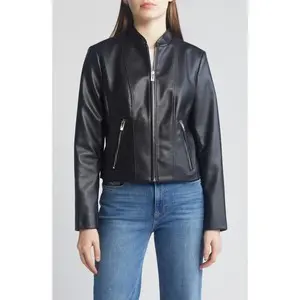 Via Spiga Faux Leather Fitted Jacket - Black