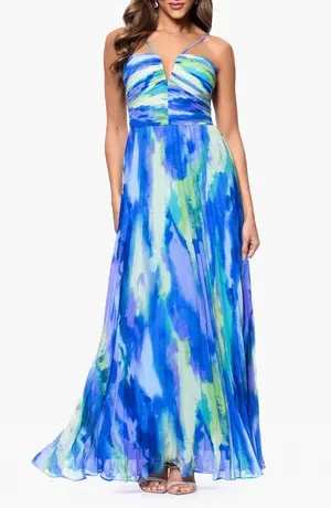XSCAPE EVENINGS Print Pleated Gown - Lime/ Blue