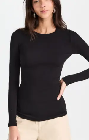 Enza Costa Textured Rib Long Sleeve Tee - Black