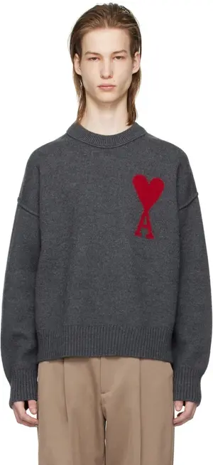 Ami AMI Paris Ami De Cœur Sweater - 084 Heather Grey/red