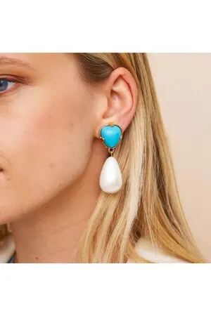 KENNETH JAY LANE Turquoise And Pearl Drop Clip On Earrings