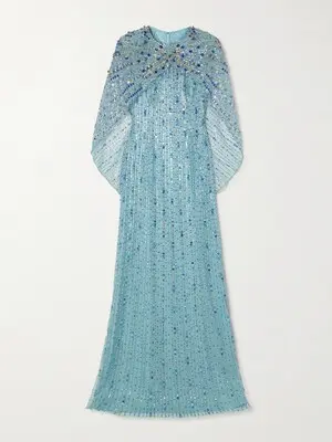 Jenny Packham Cape-effect Embellished Tulle Gown - Blue
