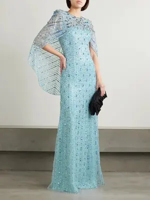 Jenny Packham Cape-effect Embellished Tulle Gown