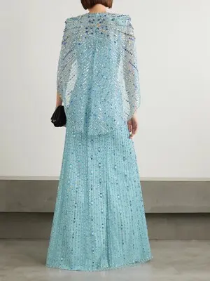 Jenny Packham Cape-effect Embellished Tulle Gown