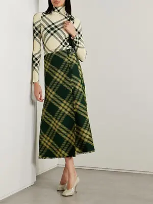 Burberry Pleated Checked Wool Midi Wrap Skirt