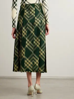 Burberry Pleated Checked Wool Midi Wrap Skirt