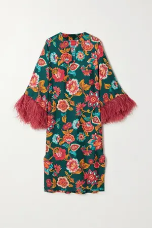 La DoubleJ Feather-trimmed Floral Kaftan - Multi