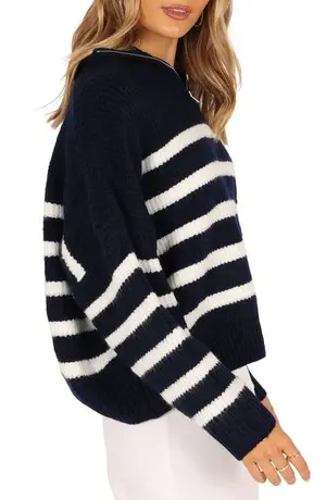 PETAL & PUP Miranda Stripe Quarter Zip Sweater - Navy