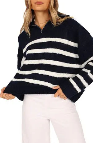 PETAL & PUP Miranda Stripe Quarter Zip Sweater - Navy
