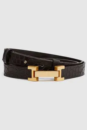 REISS Hayley Leather Square Hinge Belt Brown