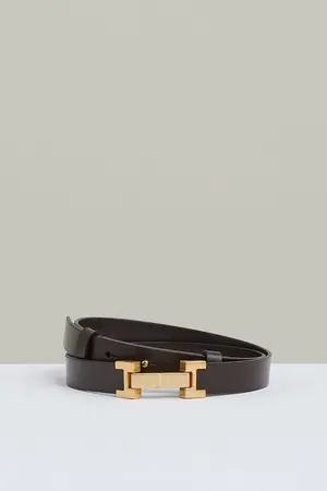 REISS Hayley Leather Square Hinge Belt Chocolate