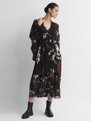 REISS Charlotte Floral Midi Dress - Black/brown