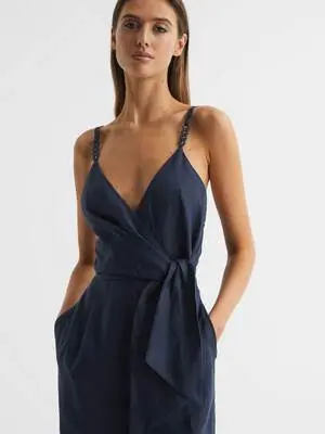 REISS Emilia Petite V-neck Linen Jumpsuit - Navy