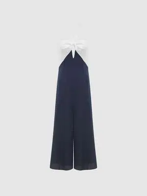 REISS Linen Color Block Midi Dress
