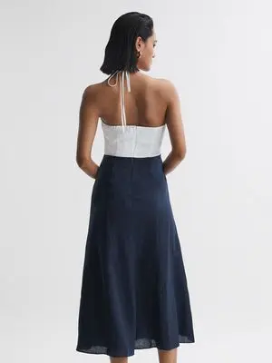 REISS Linen Color Block Midi Dress
