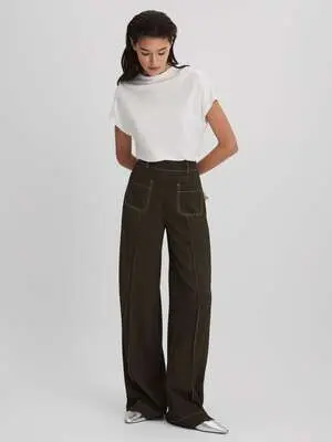 REISS Kylie Petite Contrast Stitch Wide Leg Trousers