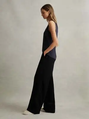 REISS Wide Leg Trousers With Elasticated Waistband - Black