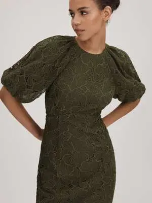 FLORERE Lace Puff Sleeve Midi Dress