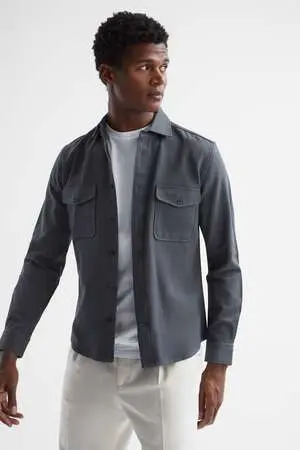 REISS Arlo Cotton Canvas Overshirt Steel Blue