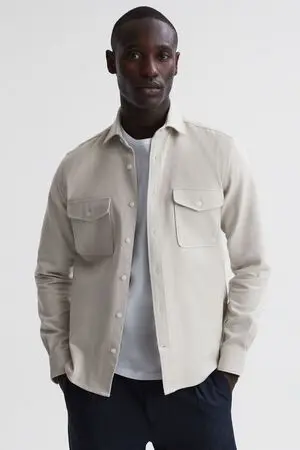 REISS Arlo Cotton Canvas Overshirt Stone