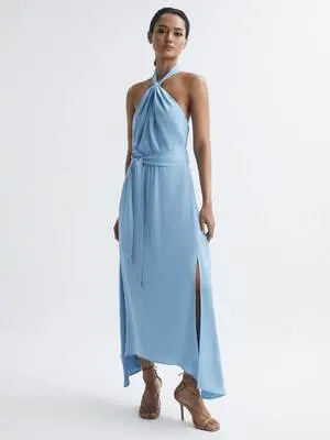 green emerald velvet dress MINKPINK Evelyn Halter Midi Dress In Blue Floral Print