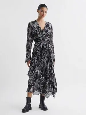 REISS Callie Belted Ruffle Printed Midi Dress