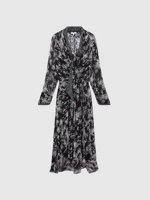 REISS Callie Belted Ruffle Printed Midi Dress