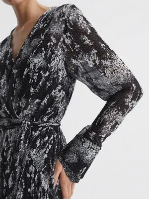 REISS Callie Belted Ruffle Printed Midi Dress
