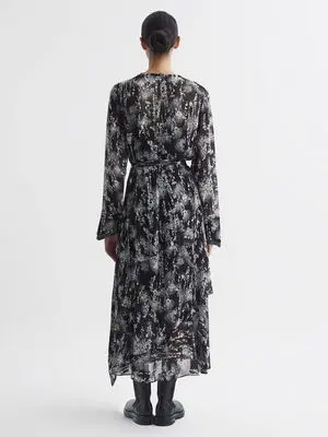REISS Callie Belted Ruffle Printed Midi Dress