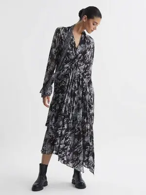 REISS Callie Belted Ruffle Printed Midi Dress