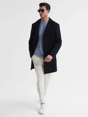 REISS Gable Single Breasted Overcoat - Navy