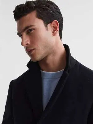 REISS Gable Single Breasted Overcoat - Navy