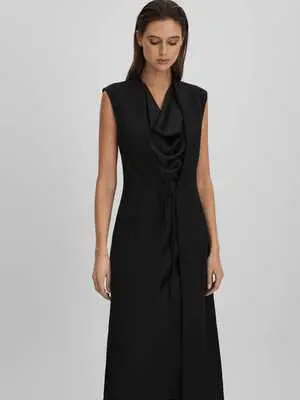 Halston Cowl Neck Wrap Midi Dress
