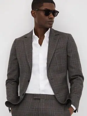 REISS Fantasy Slim Fit Wool Single Breasted Check Blazer - Brown Multi