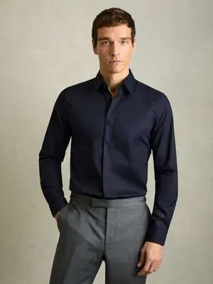 REISS Kiana Slim Fit Cotton Blend Shirt - Navy