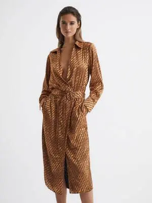 REISS Devoure Print Belted Midi Dress