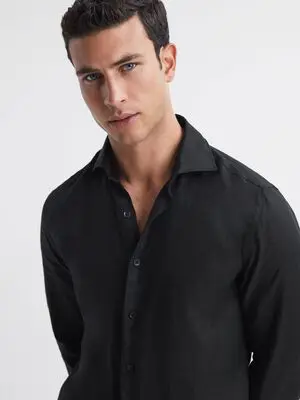 REISS Rex Linen Cutaway Collar Shirt Black